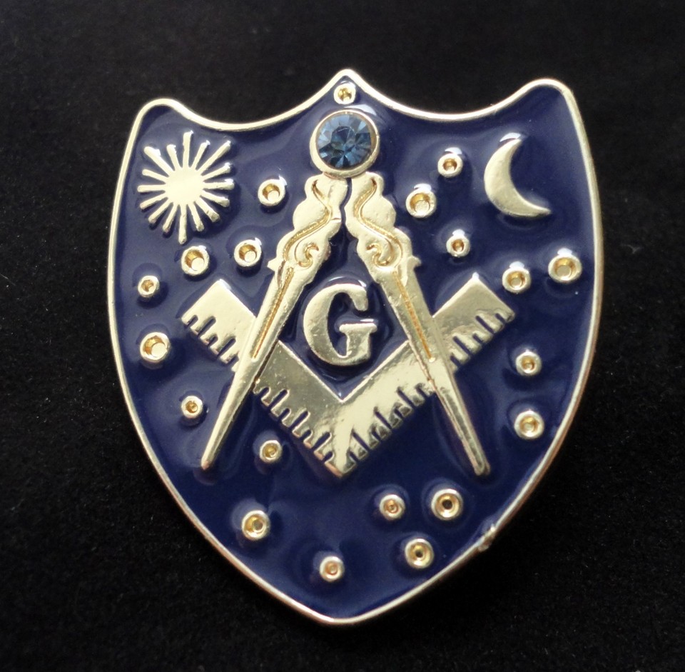 Freemason Shield with Crystal Geometry Square Compass pin badge Moon ...