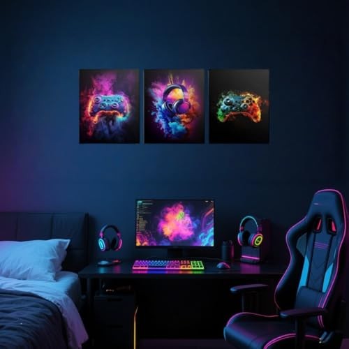 Gaming Wall Decor For Boys Room,Gamer Canvas Wall Art Black Blue Purple ...