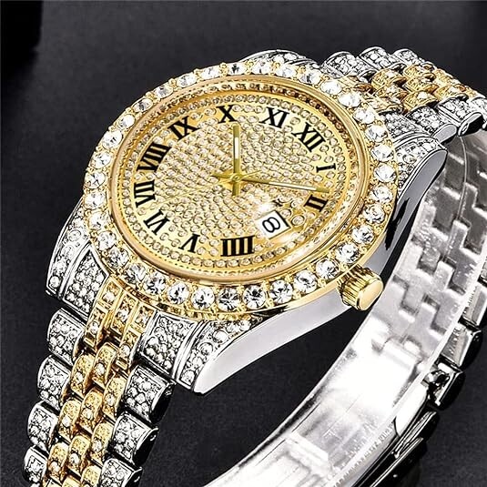 Men Two Tone Rapper Watch Hip Hop Iced Bling Simulated Diamond Luxury ...