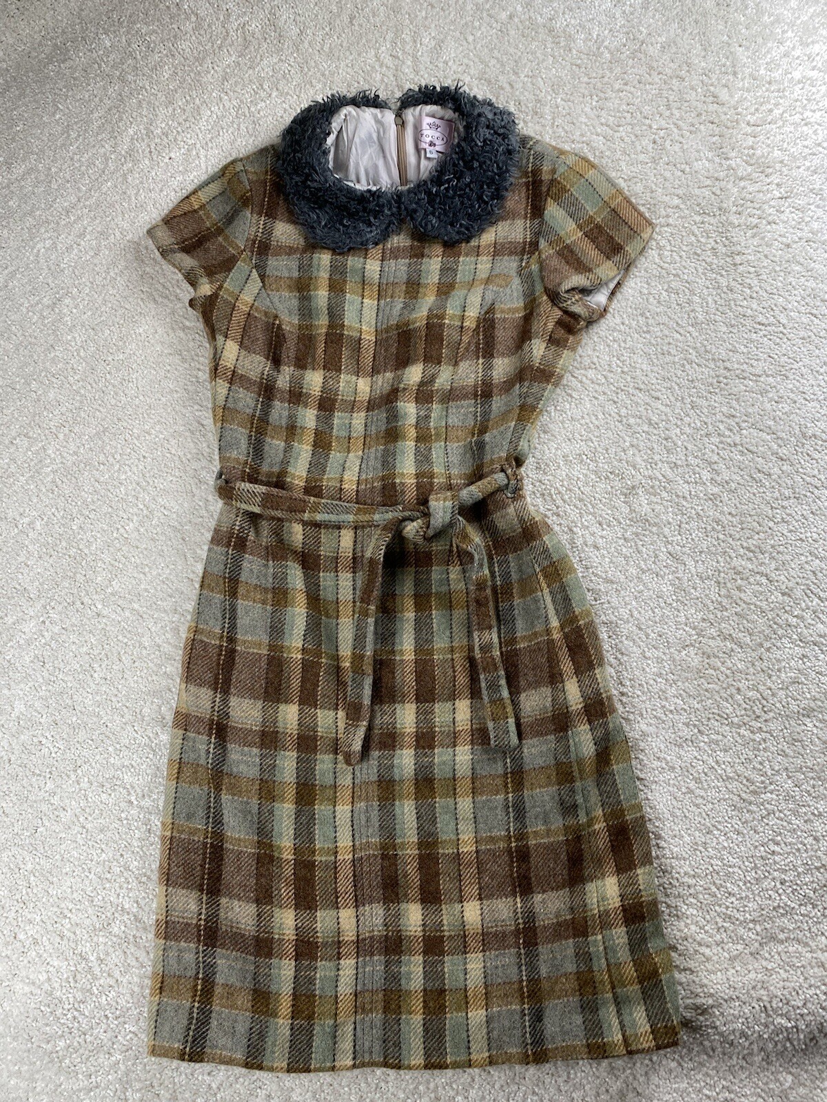 Tocca Dress Women's 6 Brown Plaid Wool Faux Fur Colla… - Gem