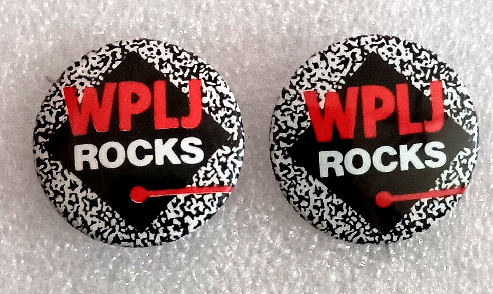 2 Vtg WPLJ Rocks NY Music Radio Station Tin Litho Promo Button Pin NOS ...