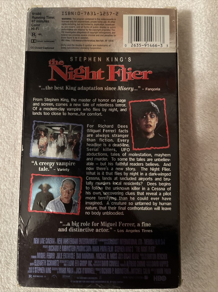 Stephen King's The Night Flier VHS 1997 Tested! Miguel Ferrer Vampire ...