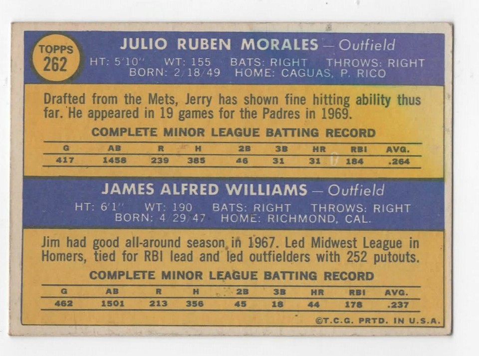 1970 Topps #262 Jerry Morales / Jim Williams RC - San Diego Padres EX ...
