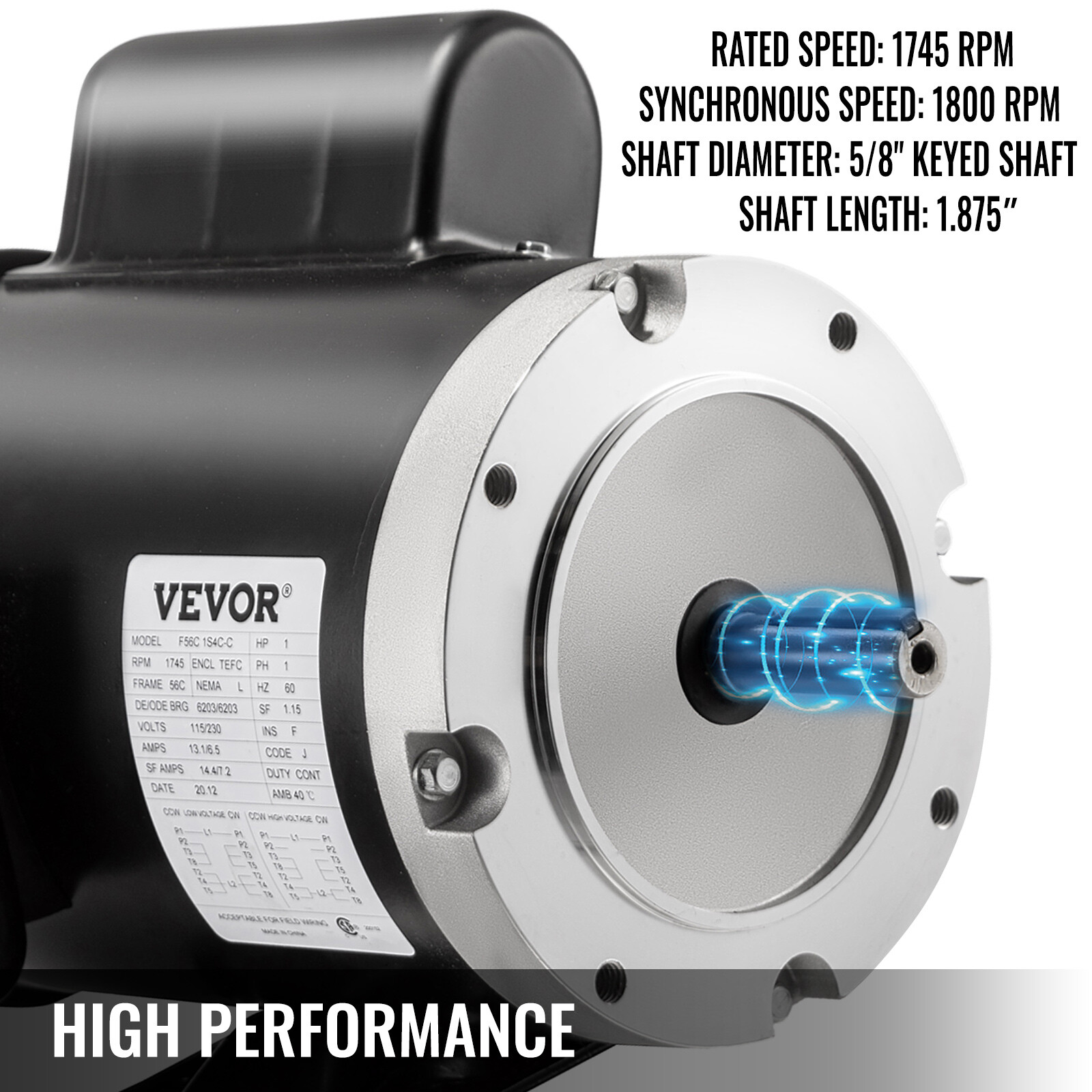 VEVOR 140156C Single Phase 56C Frame TEFC 115/230V 1745RPM 1HP Electric ...