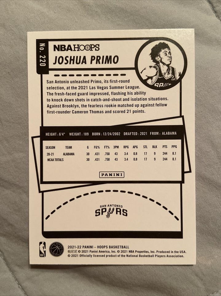 2021-22 Panini NBA Hoops Winter Joshua Primo #220 Rookie RC San Antonio ...