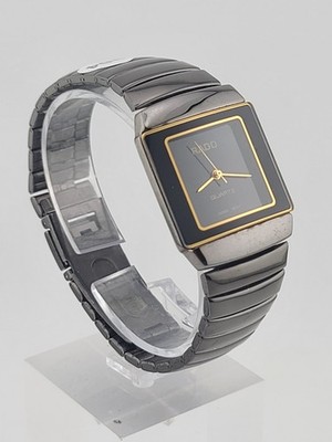 Vintage Rado Rectangular Quartz Watch Black Dial Gold Trim Swiss Design ...