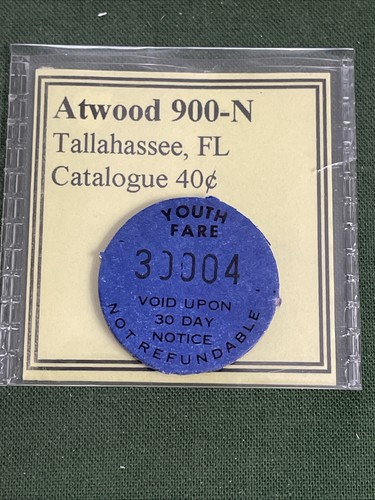 Obsolete TalTran Blue Youth Fare Token Tallahassee Florida Bus FL-900-N ...