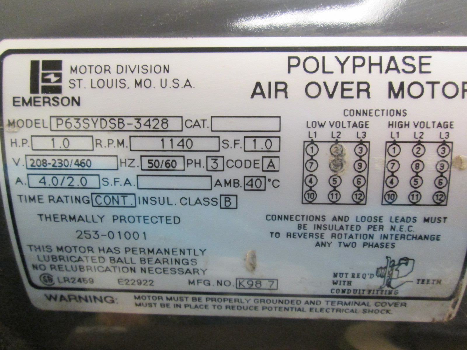 Emerson AC Motor P63SYDSB-3428 1HP 1140RPM 208-230/460V 4.0/2.0A for ...