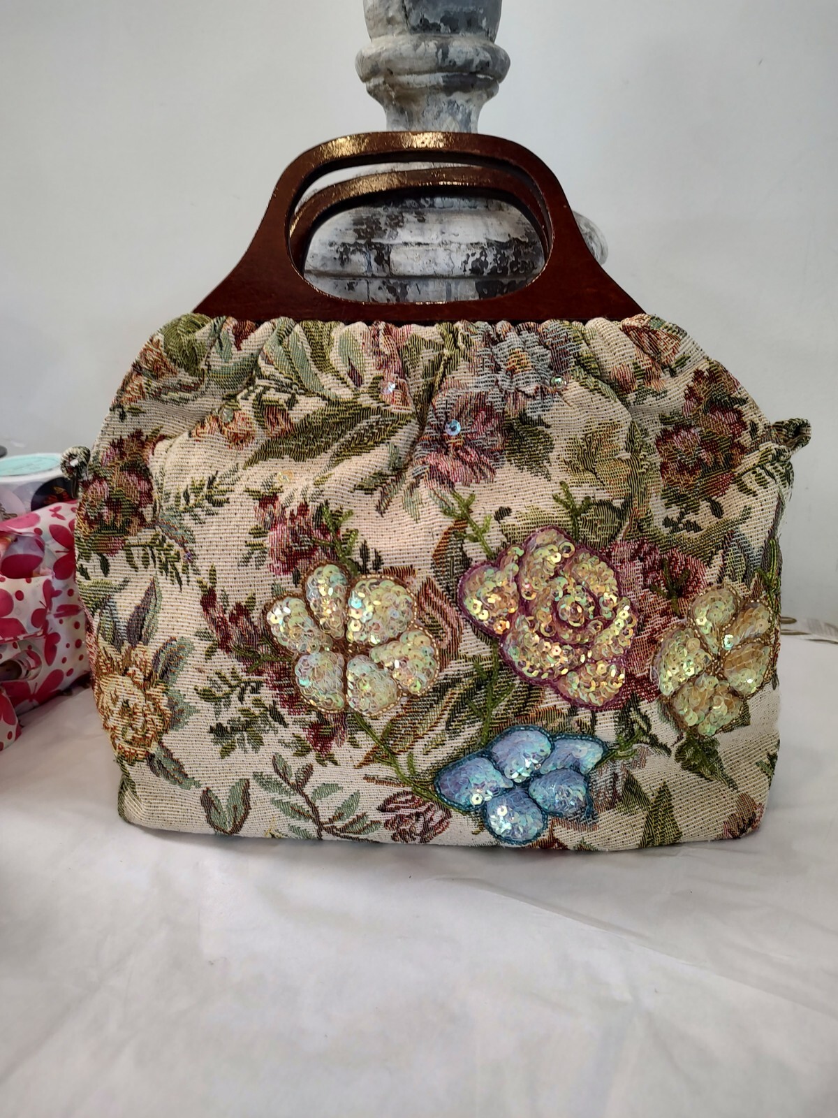 Vintage Tapestry Bag With Wood Handles Sequin Floral - Gem