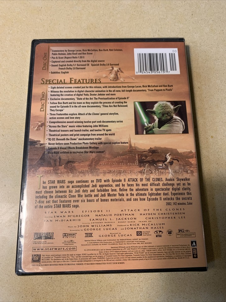STAR WARS II DVD “ATTACK OF THE CLONES” FULL SCREEN, Digitally Mastered ...