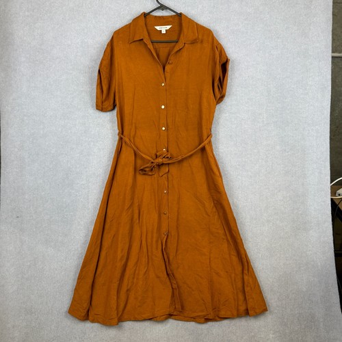 Preview Dress Womens 10 Rust Orange Linen Blend Tie Waist Shirt Button ...