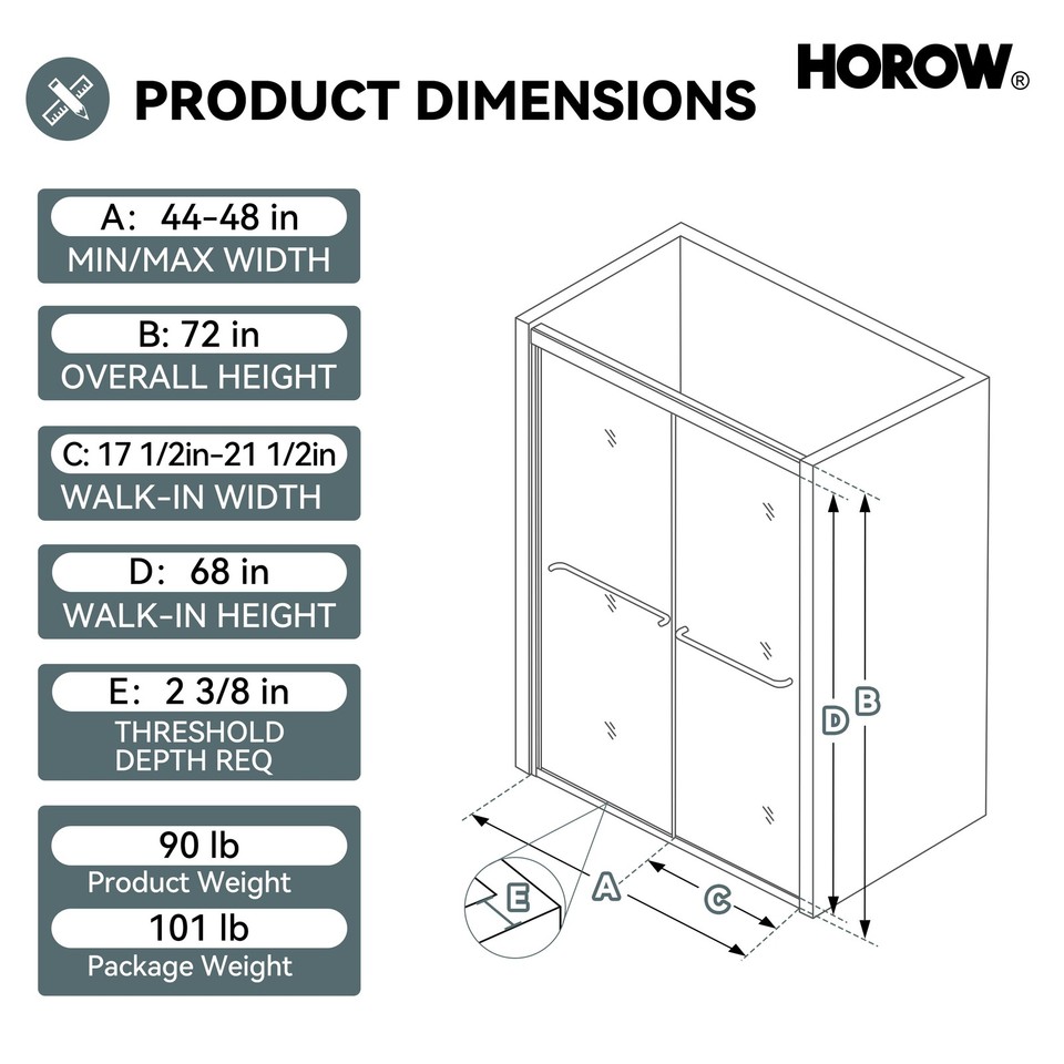 HOROW 44-48"W × 72"H Double Sliding Semi-Frameless Shower Doors ...
