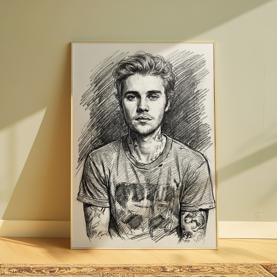 JUSTIN BIEBER DRAWING PRINT PORTRAIT SKETCH 8" x 10" POP SINGER PRINT ...