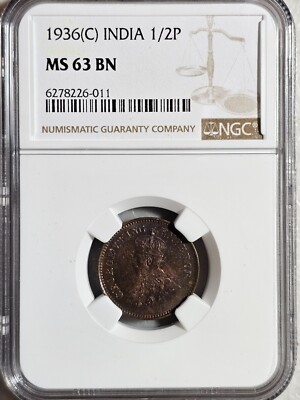 India 1/2 Pice 1936C NGC MS 63 BN | eBay