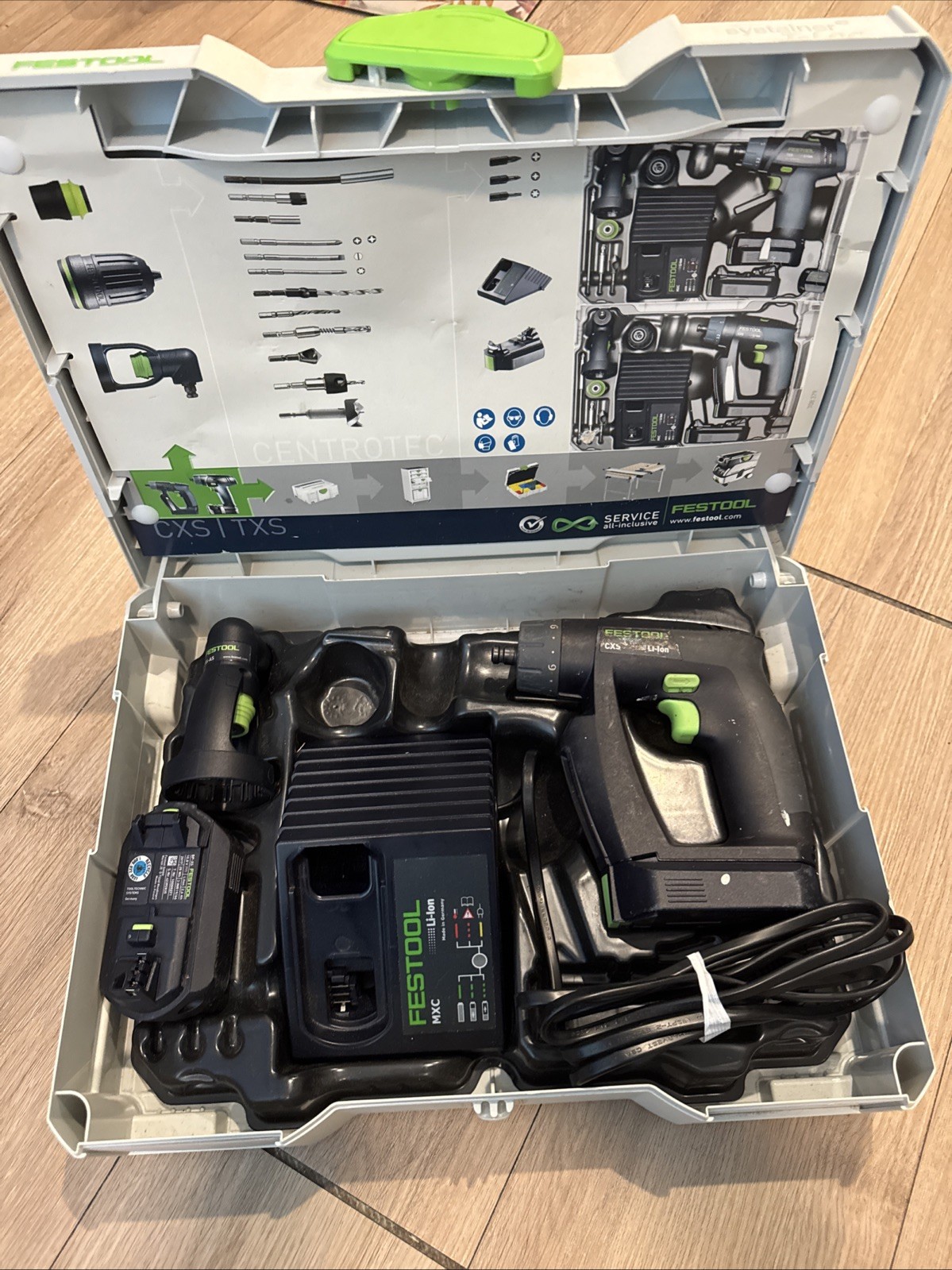 Festool CXS Drill w/ Case, Right Angle Chuck, 2 Batteries, MXC Charger ...