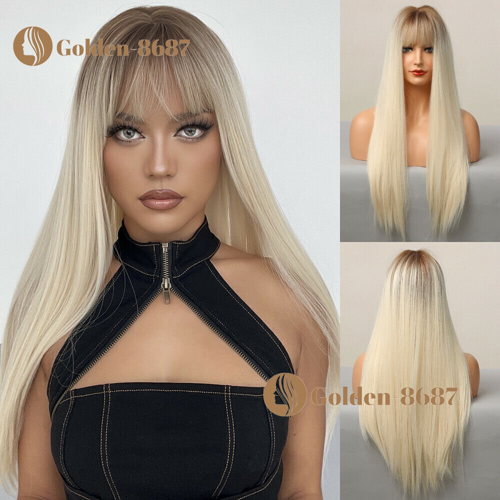 US Ombre Blonde White Hair Wig with Bangs Long Straight Cosplay Daily ...