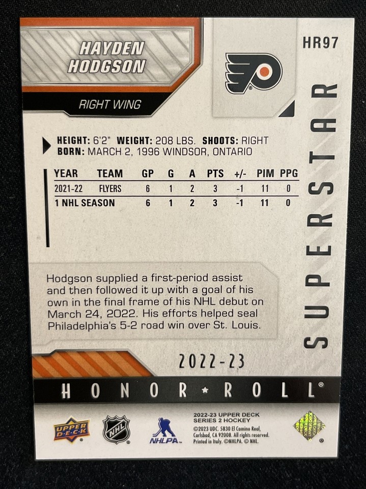 22-23 UD Series 2 Hockey Rookie Superstar Honor Roll HR97 Hayden ...