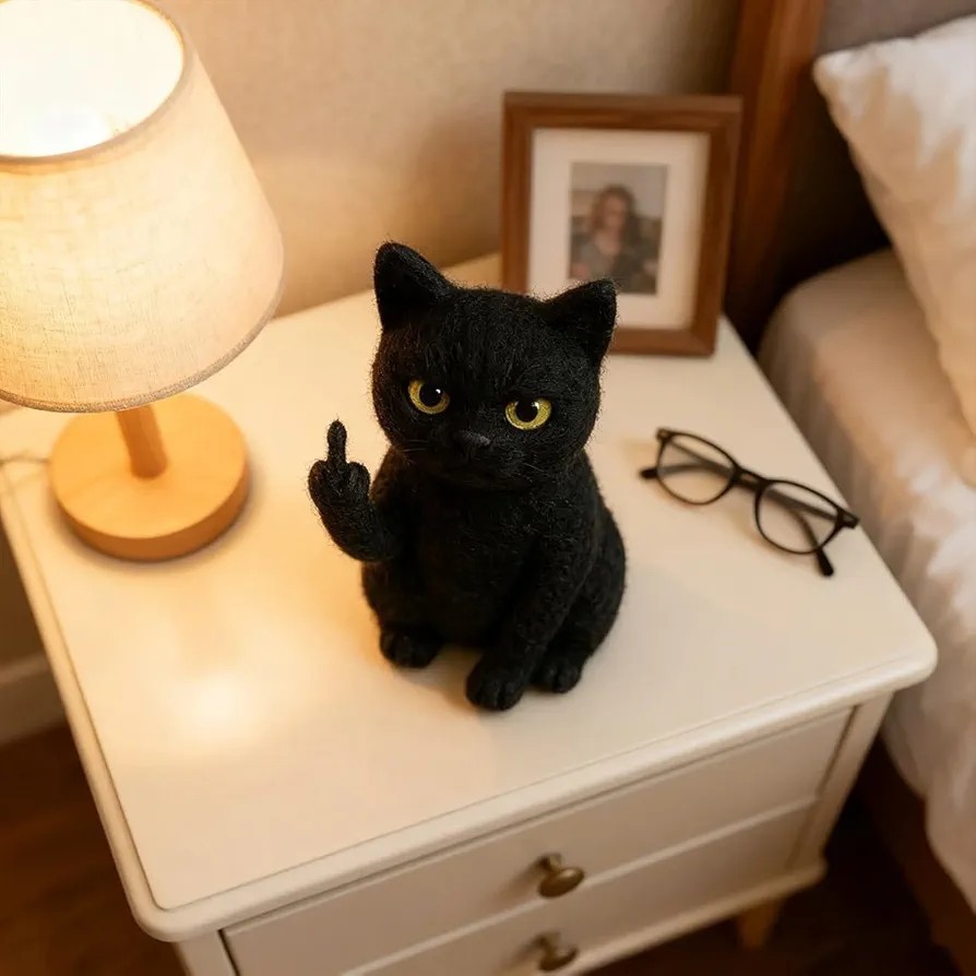 Funny Black Cat Needle Felt, Cute Mini Middle Finger Animal Statue Kit ...