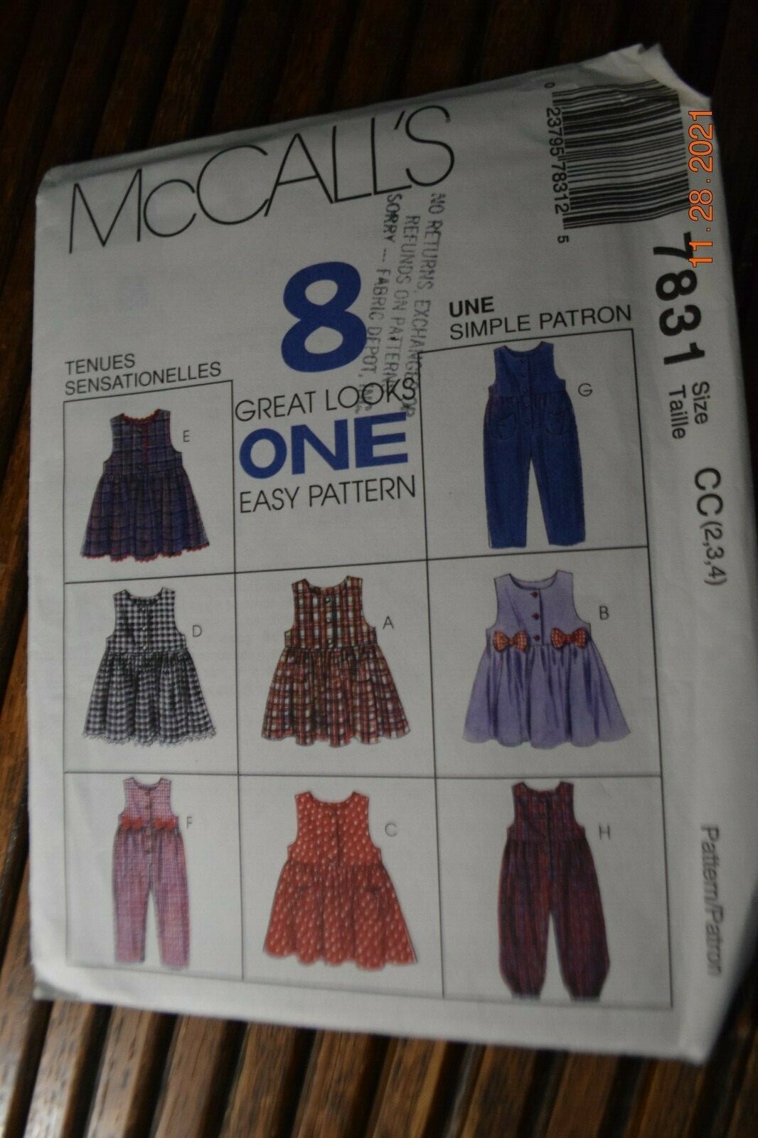 McCall's 7831 Toddlers' Jumper and Jumpsuit Sewing Pattern Sz 2 3 4 ...