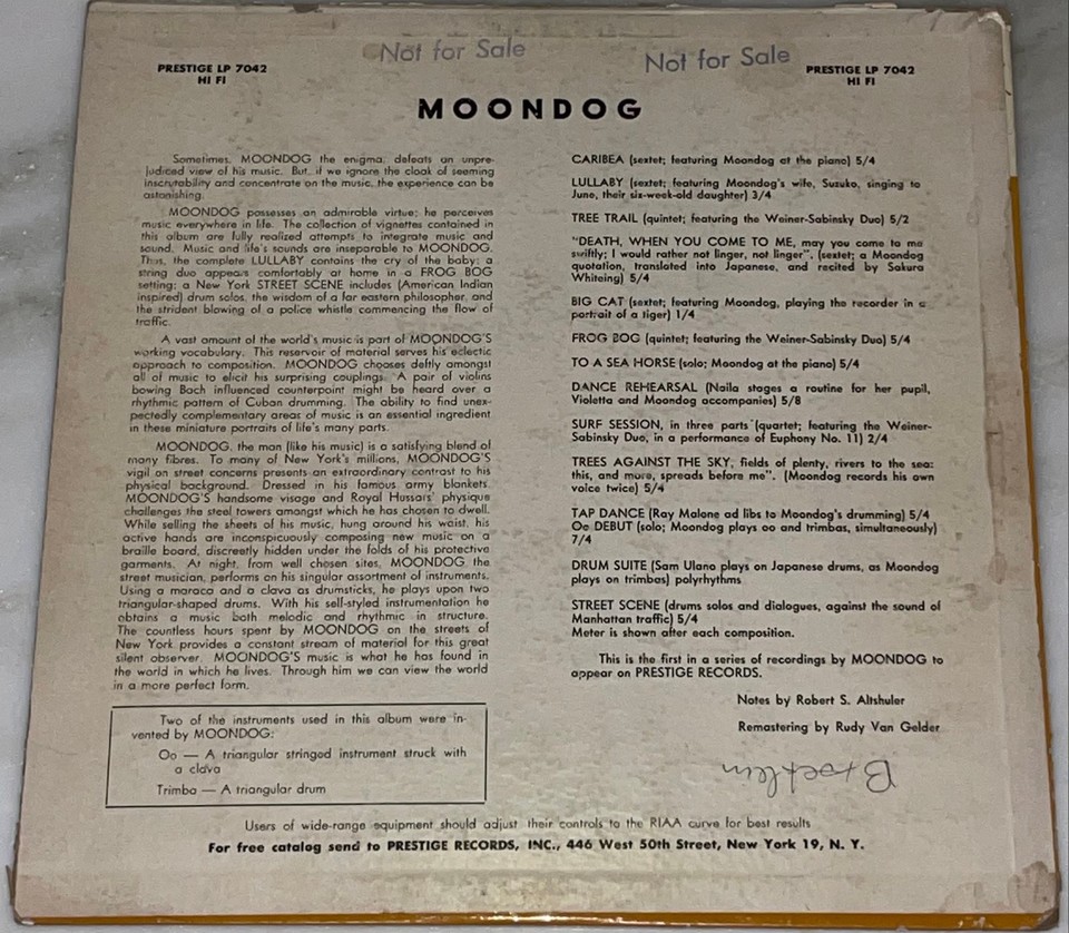 MOONDOG - RARE 1956 USA ORIGINAL 1st EDITION VINYL LP PRESTIGE ...
