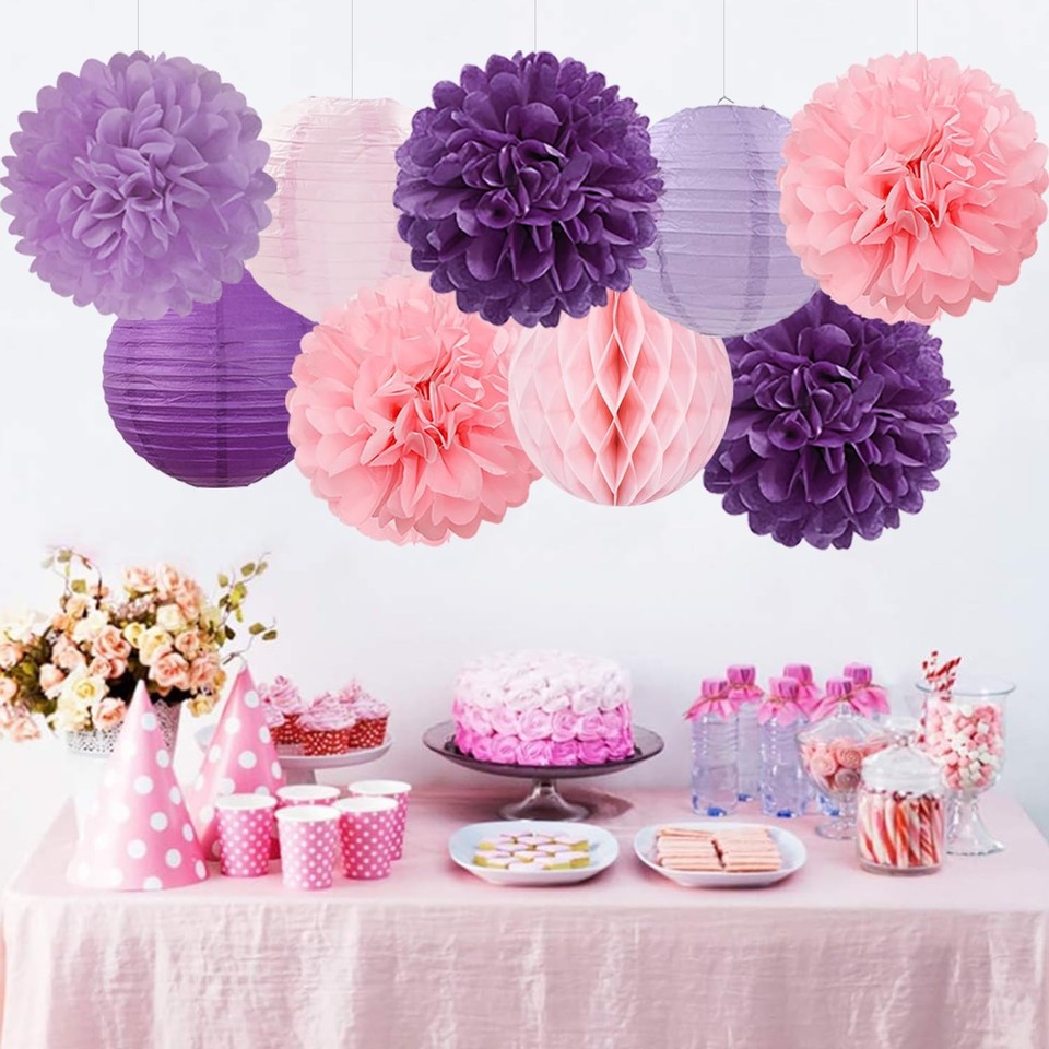 Pink Purple Paper Flowers Tissue Pom Poms Honeycomb Lanterns 15pcs ...