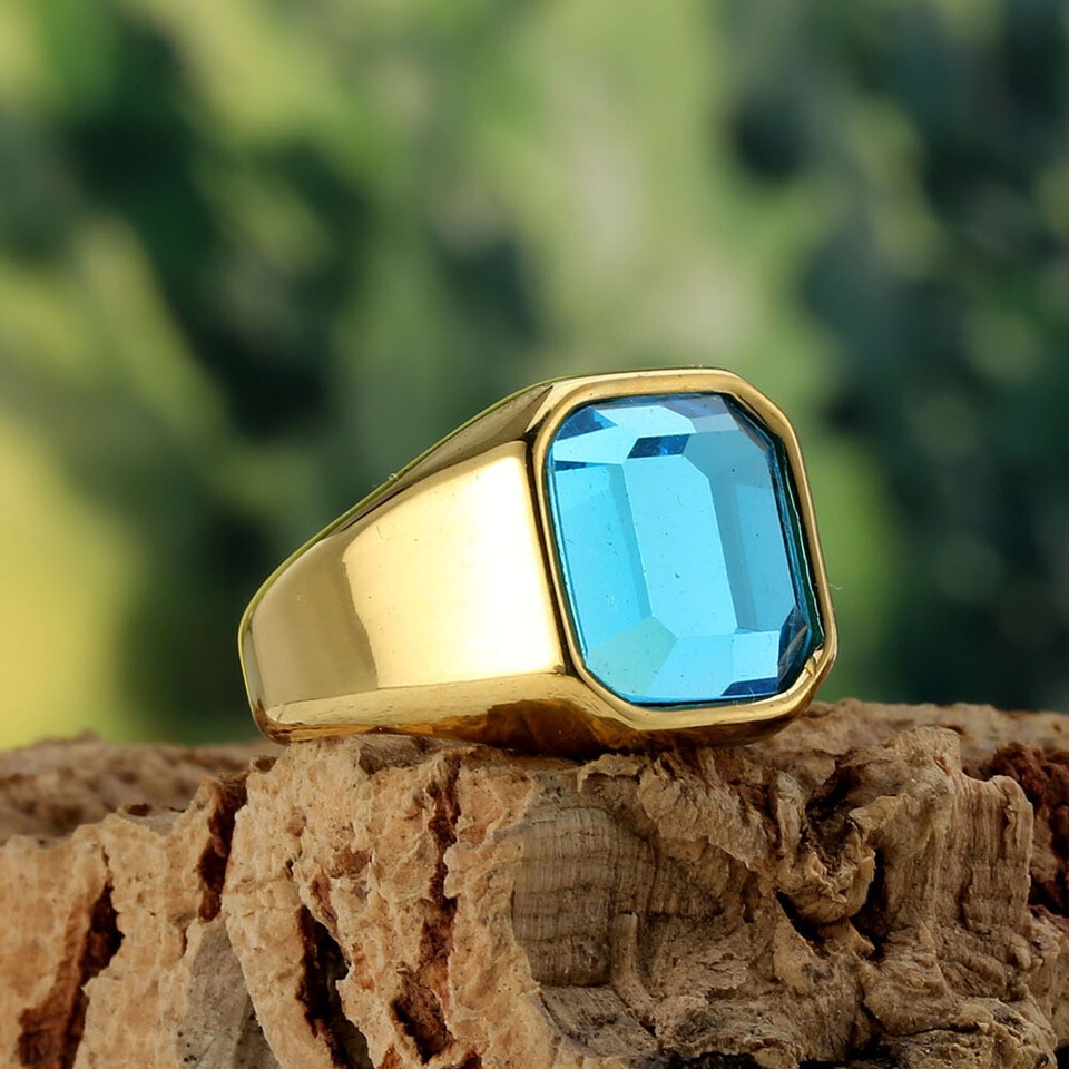 Men Women Blue Square Stone Signet Ring Stainless Steel Pinky Cocktail ...