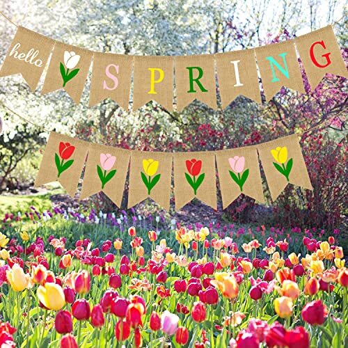Hello Spring Burlap Banner Colorful Spring Bunting Banner Jute Tulip ...
