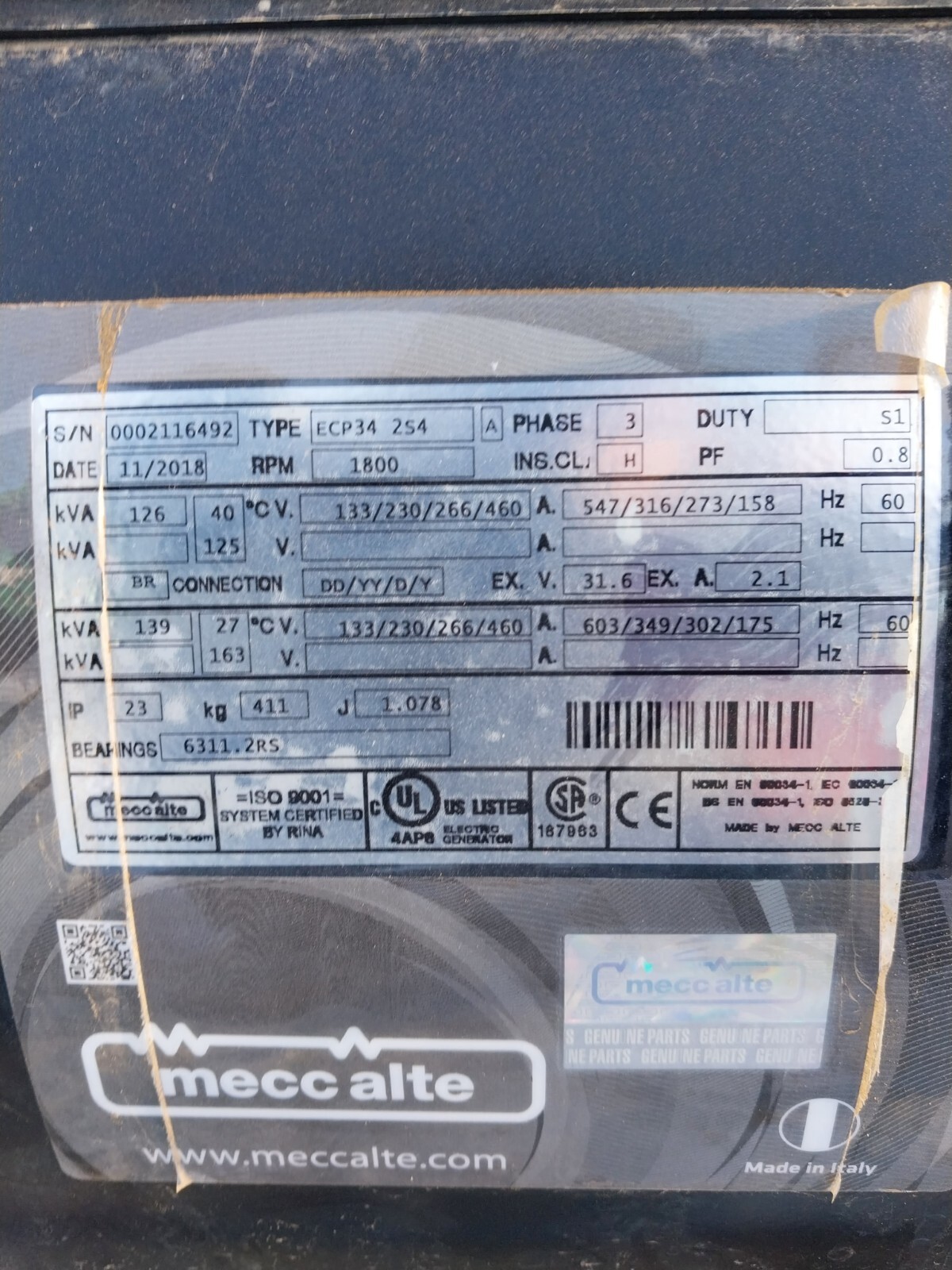 Mecc Alte Generator 0002116492 Type ECP34 254 1800RPM 126KVA 3 Phase ...