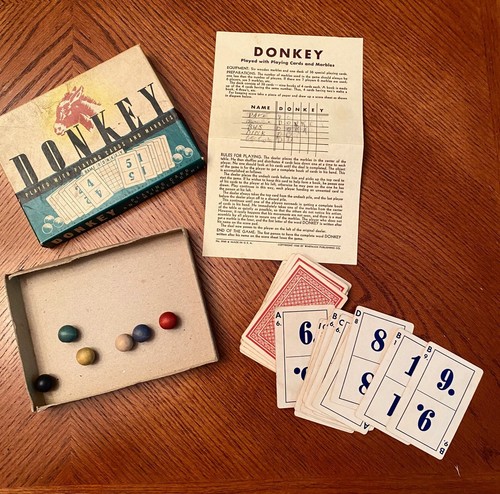 Vintage 1940s Whitman Publishing Co Donkey game with marbles and cards ...