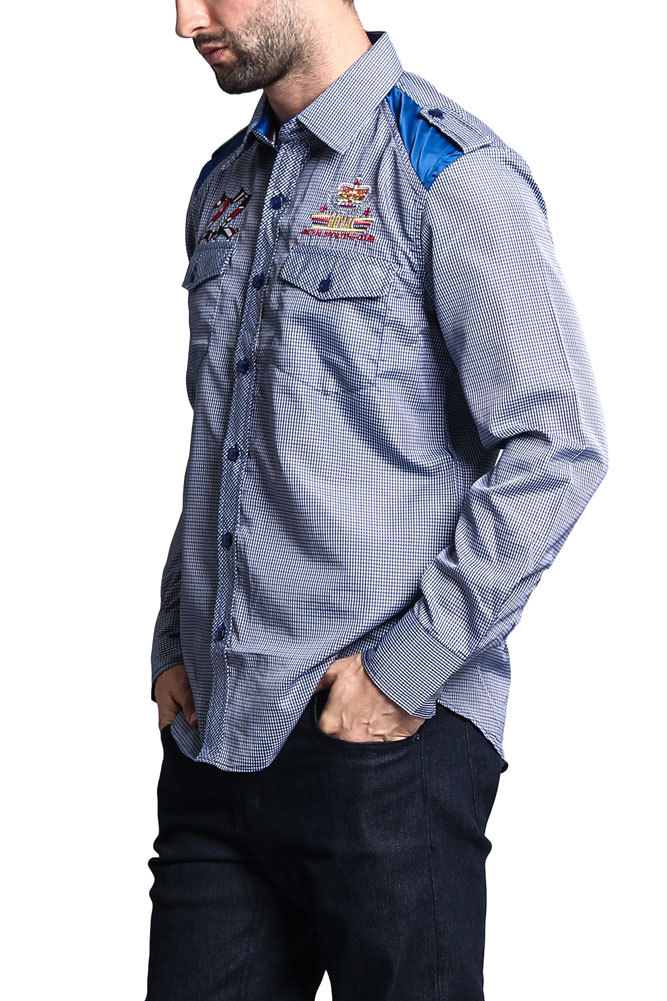 Men's Long Sleeve Checkered Embroidered Button Up Shirt -FS320-KK6E ...