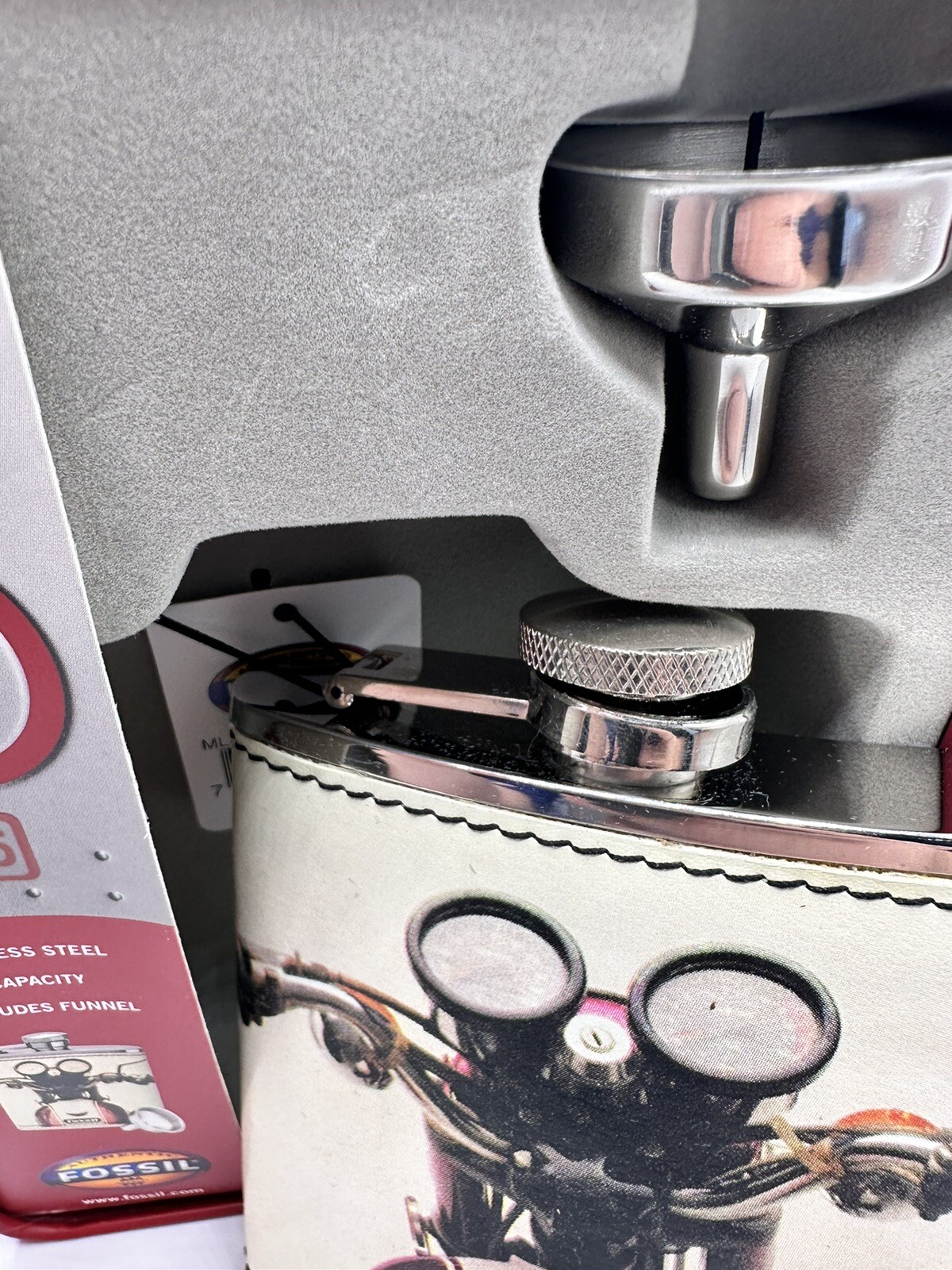 Fossil Bar Flask 5oz W/Funnel Stainless Steel Motorcycle in tin box for ...