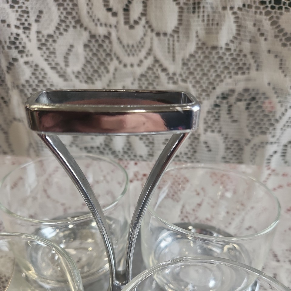 Vintage Mid Century Modern Condiment Caddy Set Glass Cups Holder Chrome ...