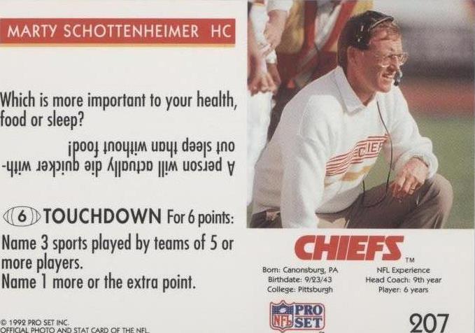 1992 Pro Set Mobil FACT Marty Schottenheimer #207 for sale | eBay