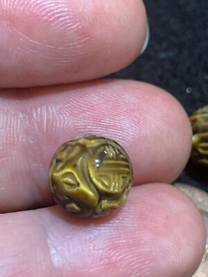 One Vintage Carved Chinese Bead Tiger Eye Gemstone Round Shou Design ...