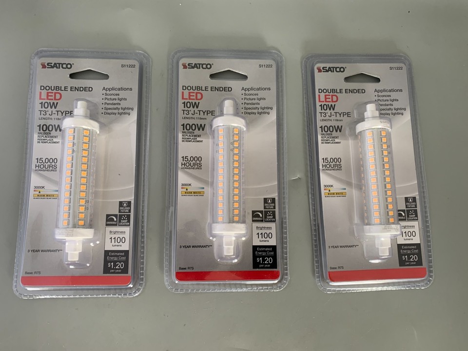 Lot of 3 Satco T3 J-Type LED Double-Ended Bulbs – 10W / 100W Halogen ...