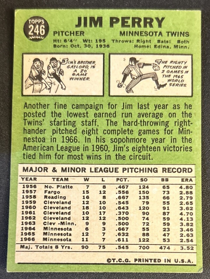 1967 Topps Jim Perry Baseball Card #246 Twins Pitcher GD/VG O/C | eBay