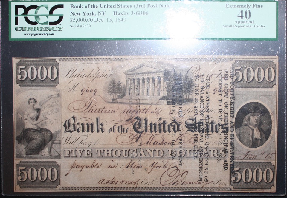 1840 Bank of the United States RARE $5000 Post Note Banknote. Only One ...