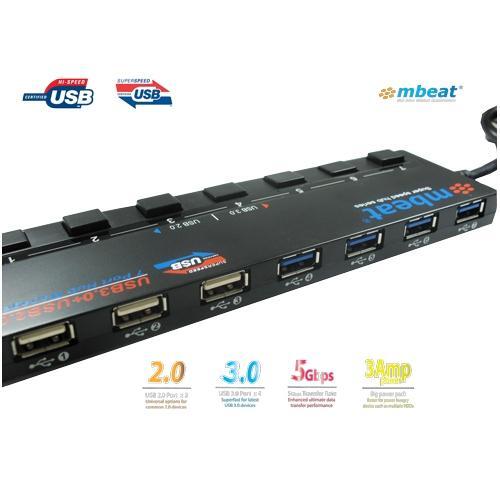 mbeat® 7-Port USB 3.0 USB 2.0 Powered Hub Manager with Switches - 4x ...