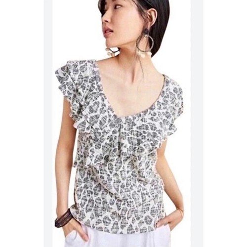 Anthropologie Dolan Savannah Ruffled Tweed Animal Print Top Black White ...