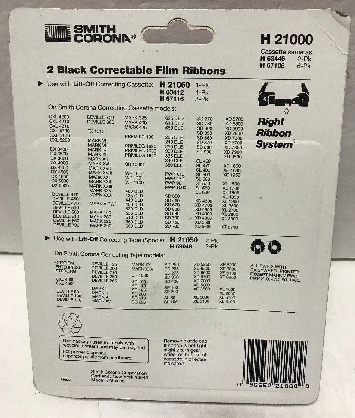 Smith Corona 2 Correctable Film Ribbons H Series Typewriter NOS H21000 ...