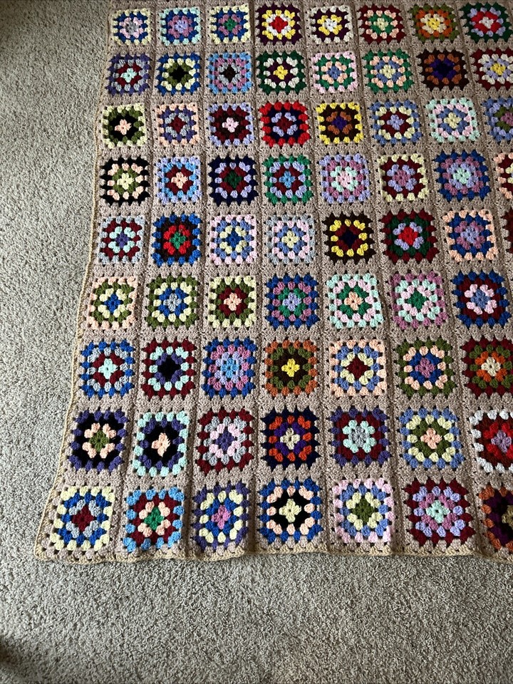 Granny Square Tan Boarder Multicolor Squares Crochet Afghan Blanket ...