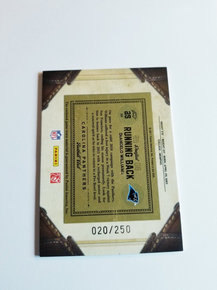 DEANGELO WILLIAMS 2011 PANINI TIMELESS TREASURES JERSEY #20/250 GAME ...