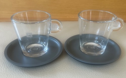 2 x Nespresso Glass Coffee Cups & Grey Plastic Saucers Espresso Coffee ...