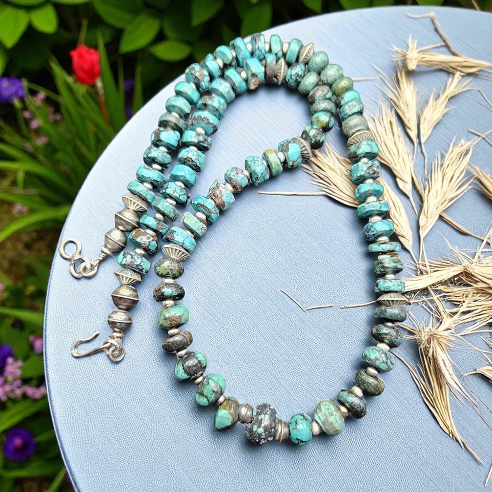 Sterling NAVAJO Pearl Spiderweb Turquoise Bench Beads Necklace VTG ...