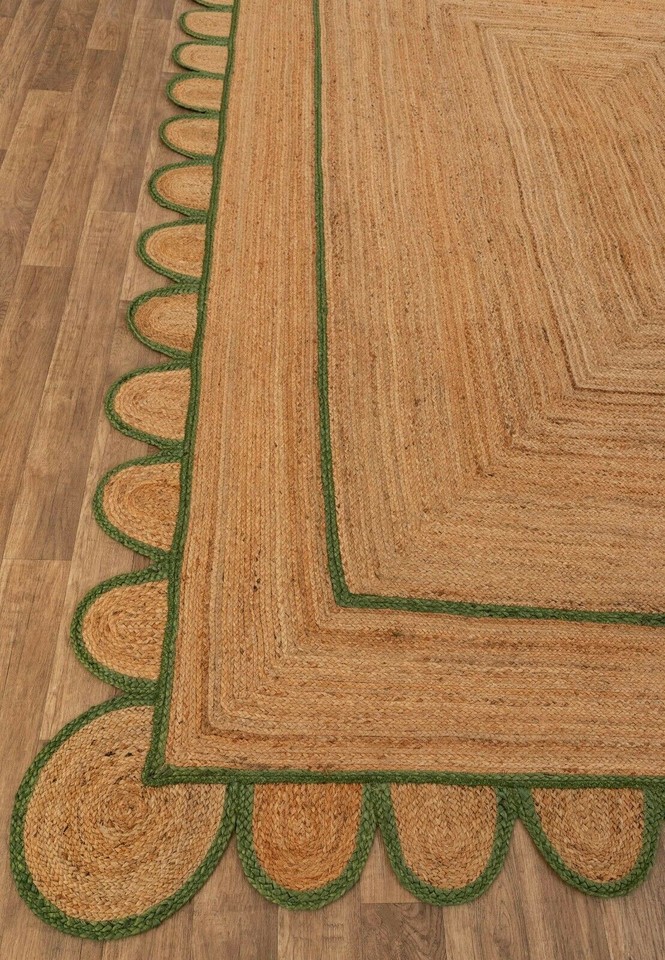 Jute Rug Green Border Scallop Rug Natural Jute Hand Braided Living Room ...