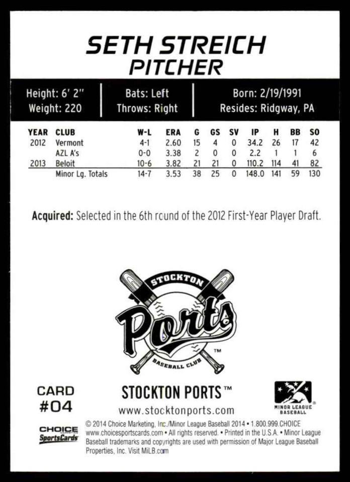 2014 Choice Stockton Ports #4 Seth Streich Stockton Ports | eBay