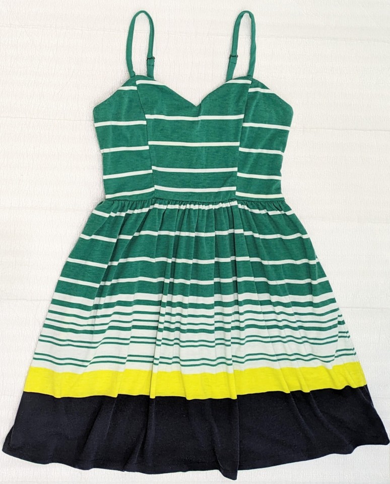 Green White Navy Yellow Stripes Short A Line Fit & Flare Dress w ...