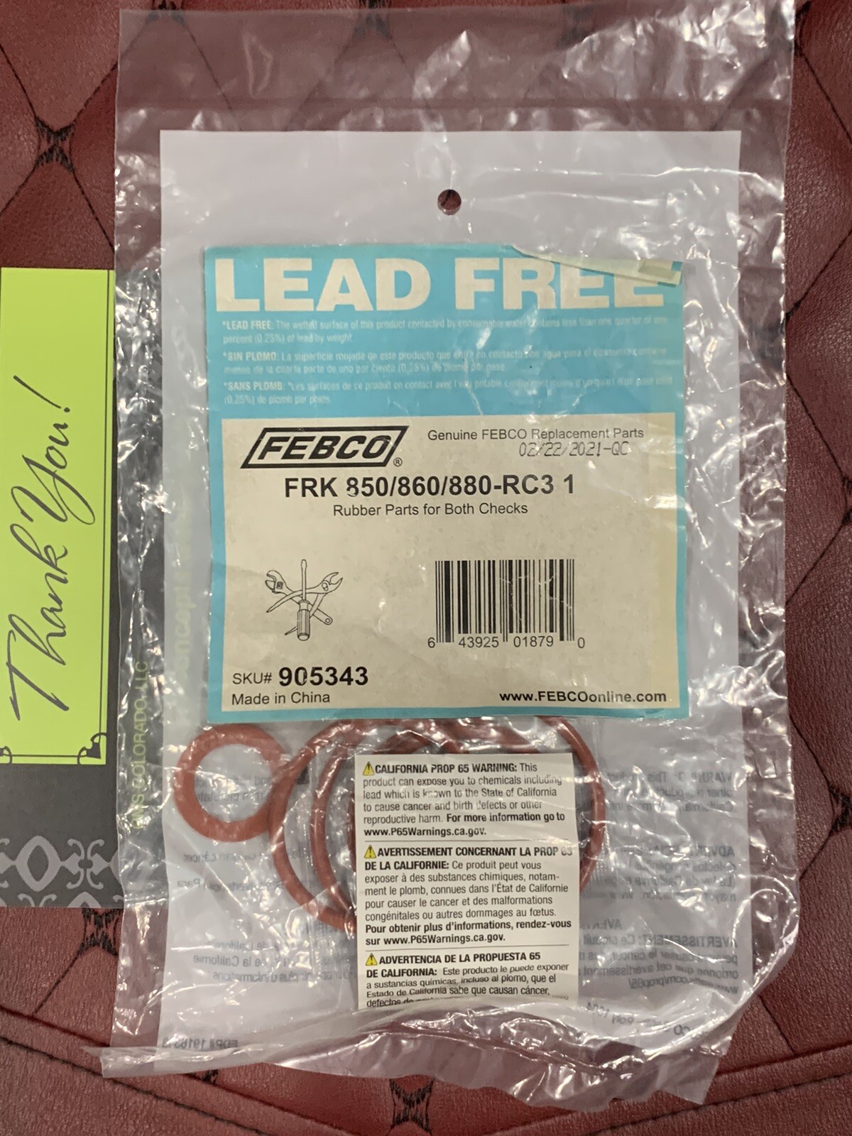 OEM Febco Rubber Repair Kit Check Valve 905343 Backflow FRK 850 860 880 ...