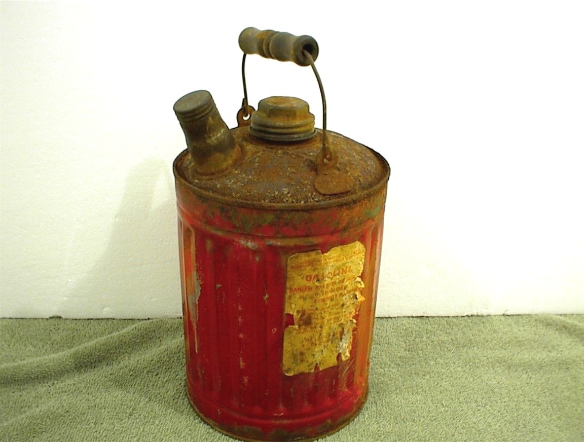 VINTAGE RED GAS CAN 1 ONE GALLON WOOD HANDLE RED FUEL LABEL WITH CAPS ...