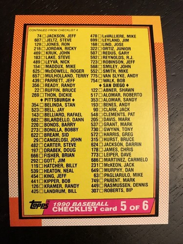 1990 Topps #646 CHECKLIST No 5 of 6 Unmarked Mint BASEBALL QTY Avail ...